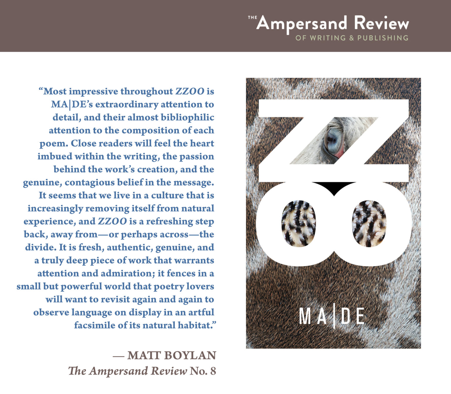 Matt Boylan reviews ZZOO in The Ampersand Review No. 8 – MA|DE